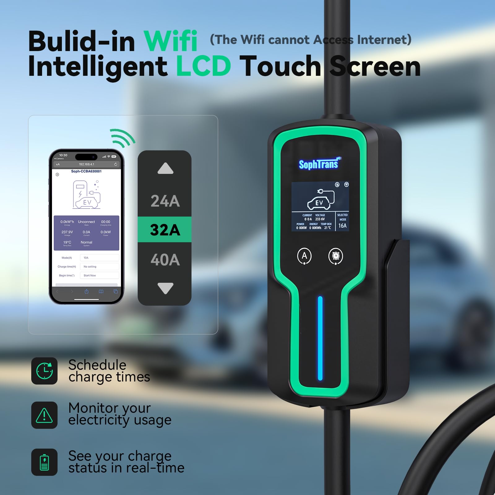 SOPHTRANS Level 2 EV Charger,10 to 40 Amp with J1772 NEMA 14-50 Thick Cable (8AWG), Wall Mounted & Portable Electric Car Charger with WiFi (100-240V,25ft) (Black)