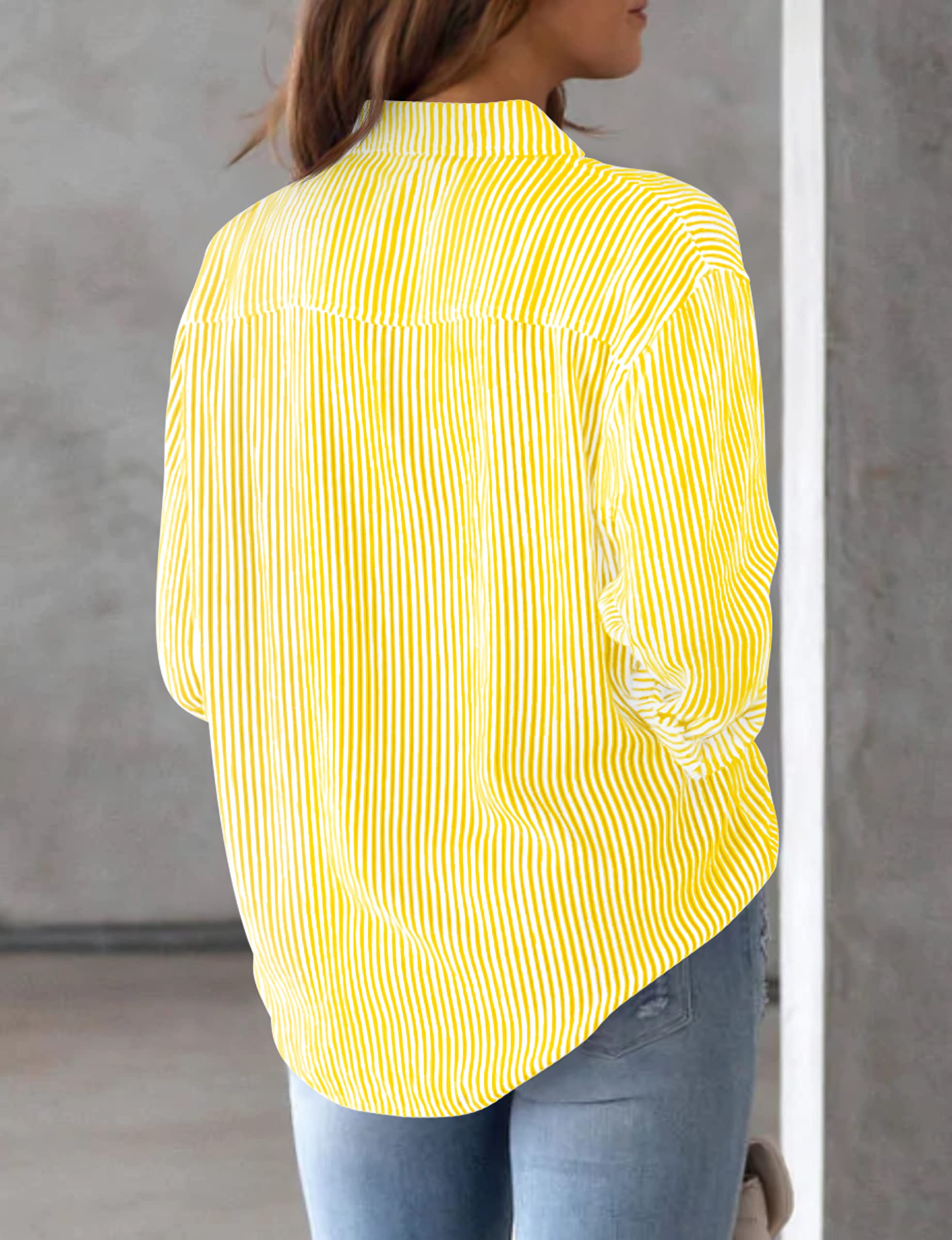 AISEW Womens Button Down Shirts Striped Classic Long Sleeve Collared Office Work Blouses Tops with Pocket (Yellow, 7002M)