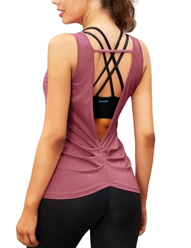 COOrun Workout Tops for Women Open Back Shirts Muscle Yoga Workout Tanks Tennis Exercise Fitness Tanks Running Tennis Shirts Womens Athletic Shirts Wine Red (Wine Red, XL)