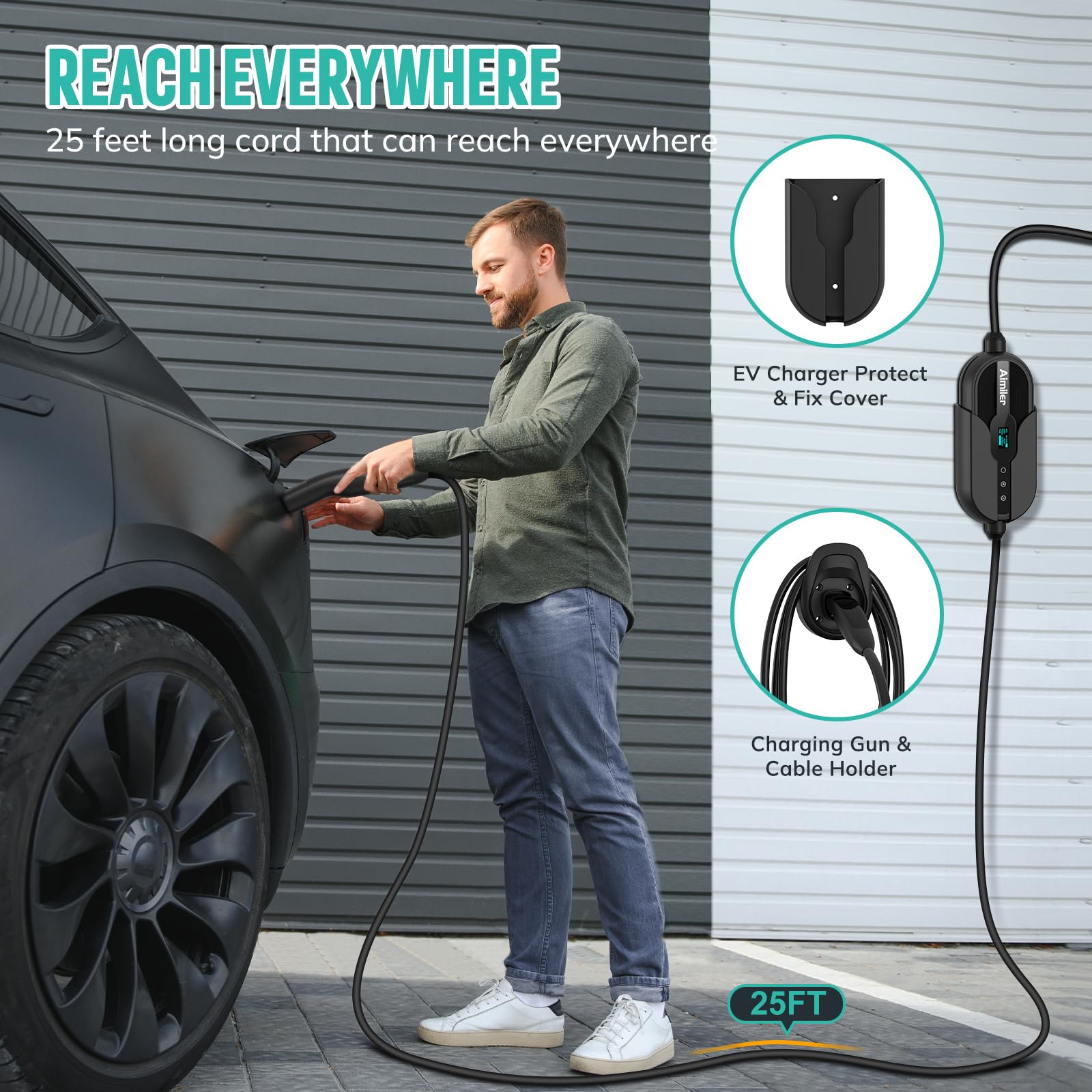 AIMILER Level 2 Tesla Charger(Wireless WiFi APP), 240V, 32 Amp, NEMA 14-50 Plug, 25ft Cord - Portable/Home NACS Connector Electric Car(EV) Charger for Tesla - Compatible with Tesla Model X/Y/3/S