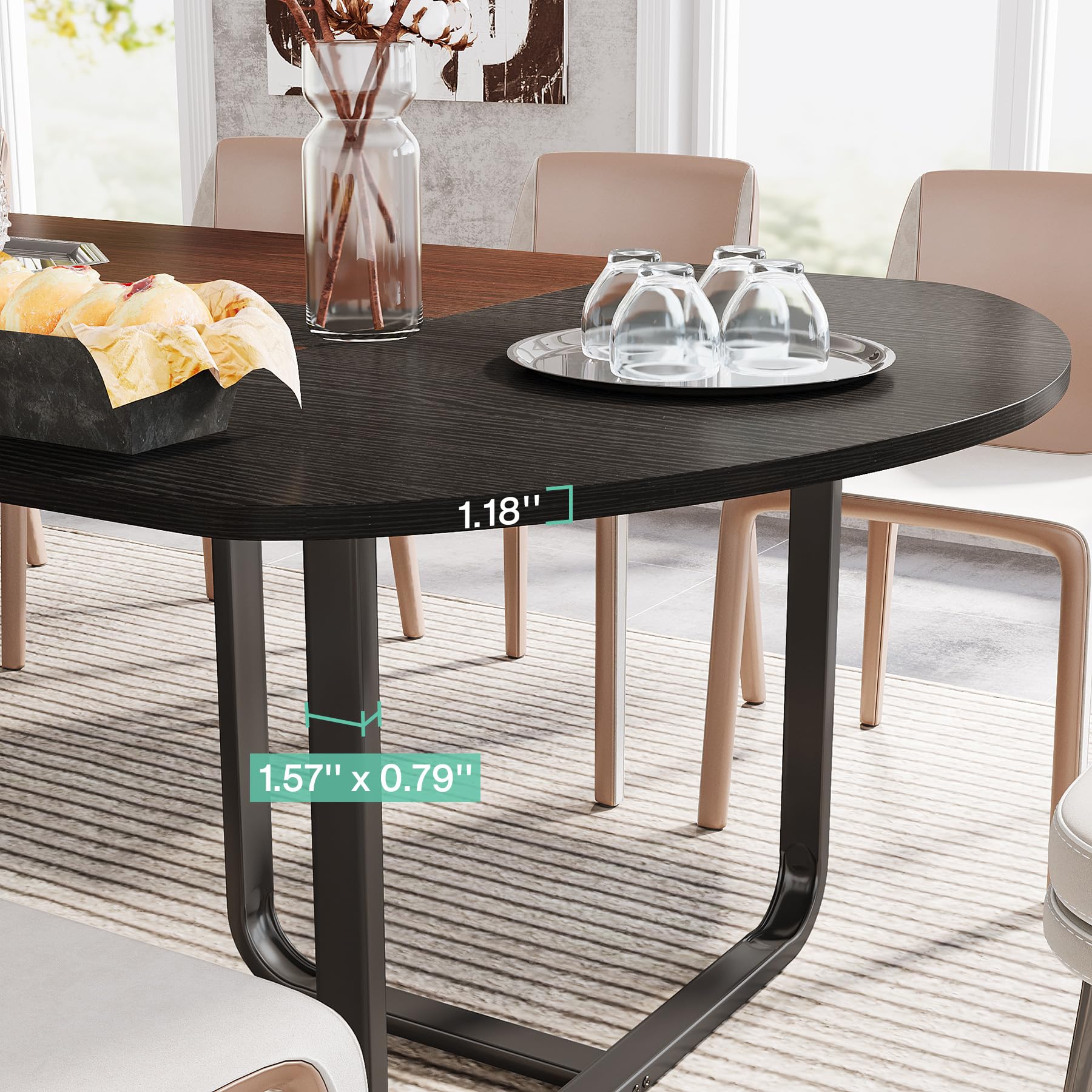 Tribesigns 70.86" Modern Oval Dining Table with Walnut and Black Finish Splicing Board, Curved Kitchen Tables for 6-8, Large Dining Room Table with Stylish Metal Legs (Walnut+Black)