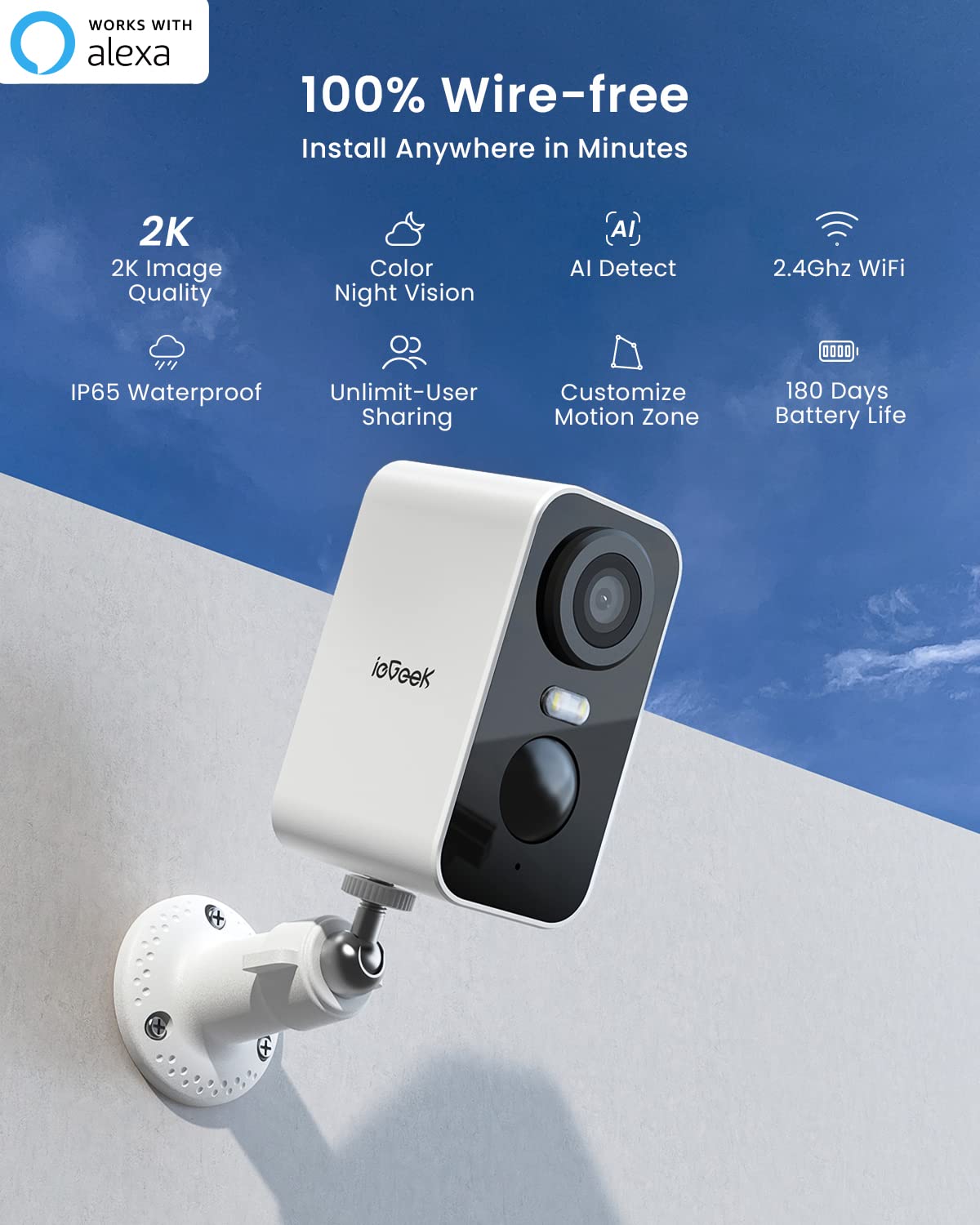 ieGeek Security Cameras Wireless Outdoor, 2K 3MP Battery Powered WiFi Security Camera 3 Pack, 2-Way Audio, Color Night Vision, AI Detection for Home Security, Compatible with Alexa