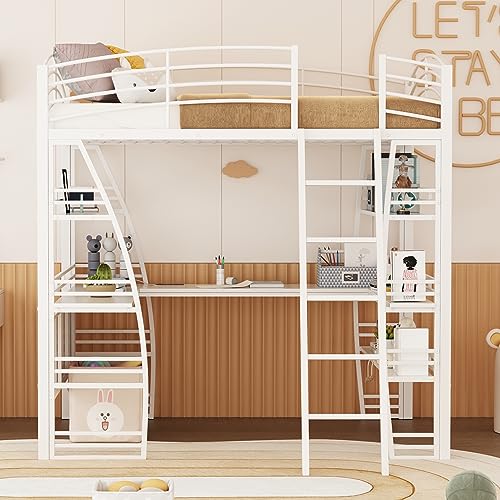 Merax Full Size Loft Bed with 4 Layers of Shelves and L-Shaped Desk, Stylish Metal Frame Bed with a Set of Sockets, USB Ports and Wireless Charging, White