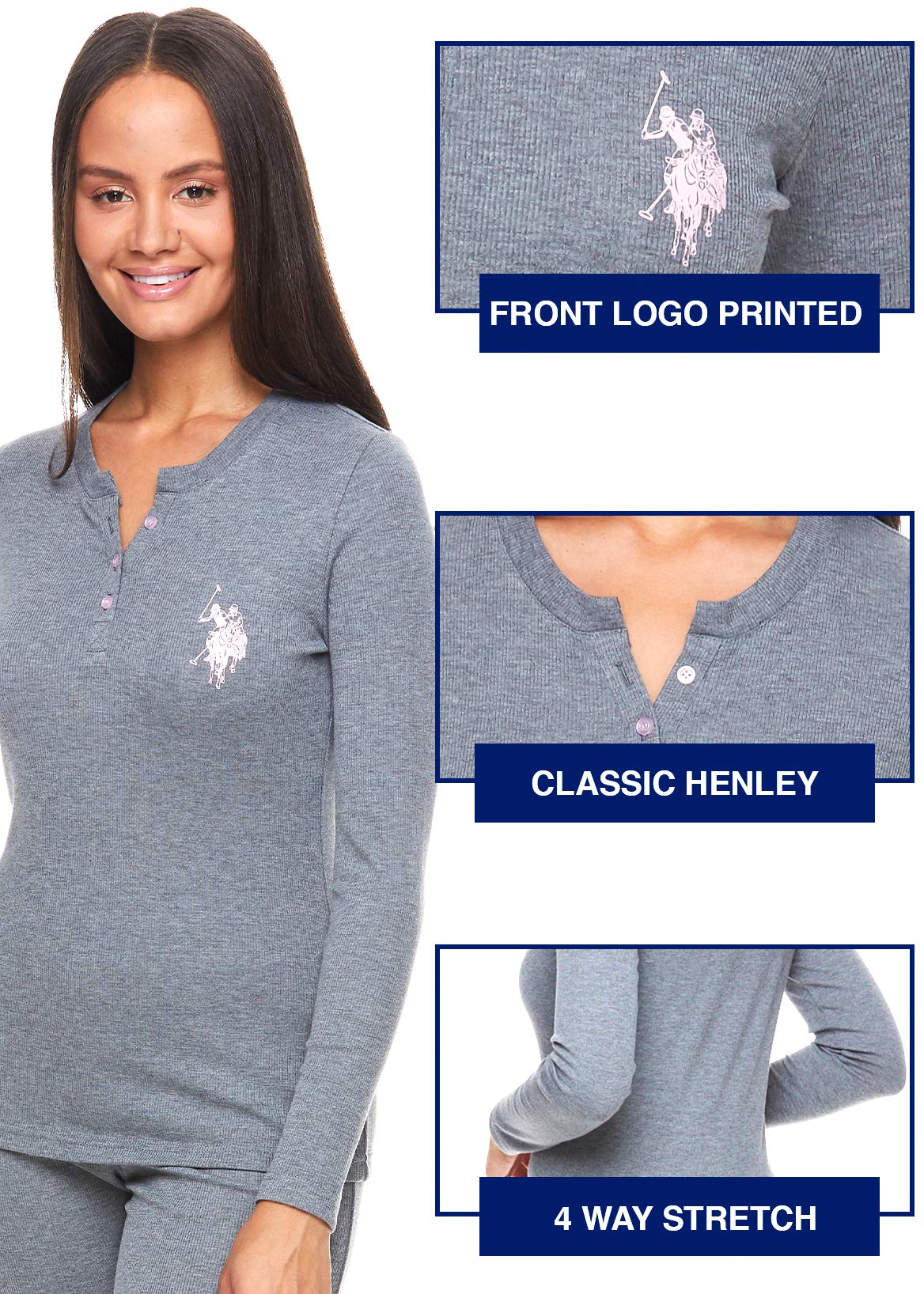 U.S. Polo Assn. Thermal Pajamas for Women Set, Thermals Top and Bottom Set, Womens Thermals (Charcoal Heather Set, Medium)