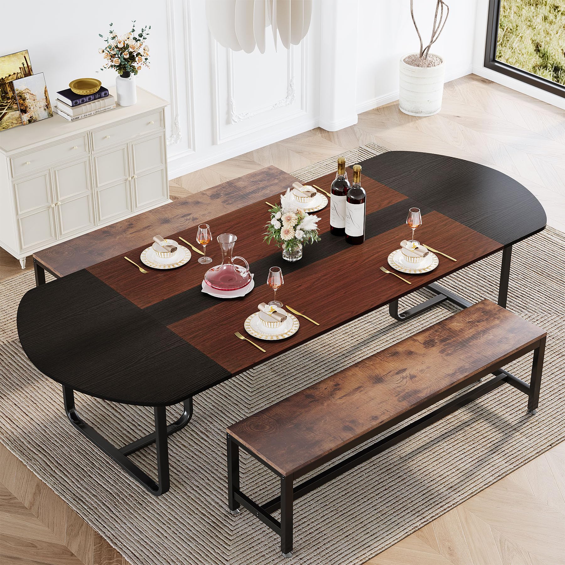 Tribesigns 70.86" Modern Oval Dining Table with Walnut and Black Finish Splicing Board, Curved Kitchen Tables for 6-8, Large Dining Room Table with Stylish Metal Legs (Walnut+Black)