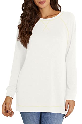 NILOUFO Womens Long Sleeve T Shirts Casual Blouses Trendy Tops Side Split Tunics(White, Large)