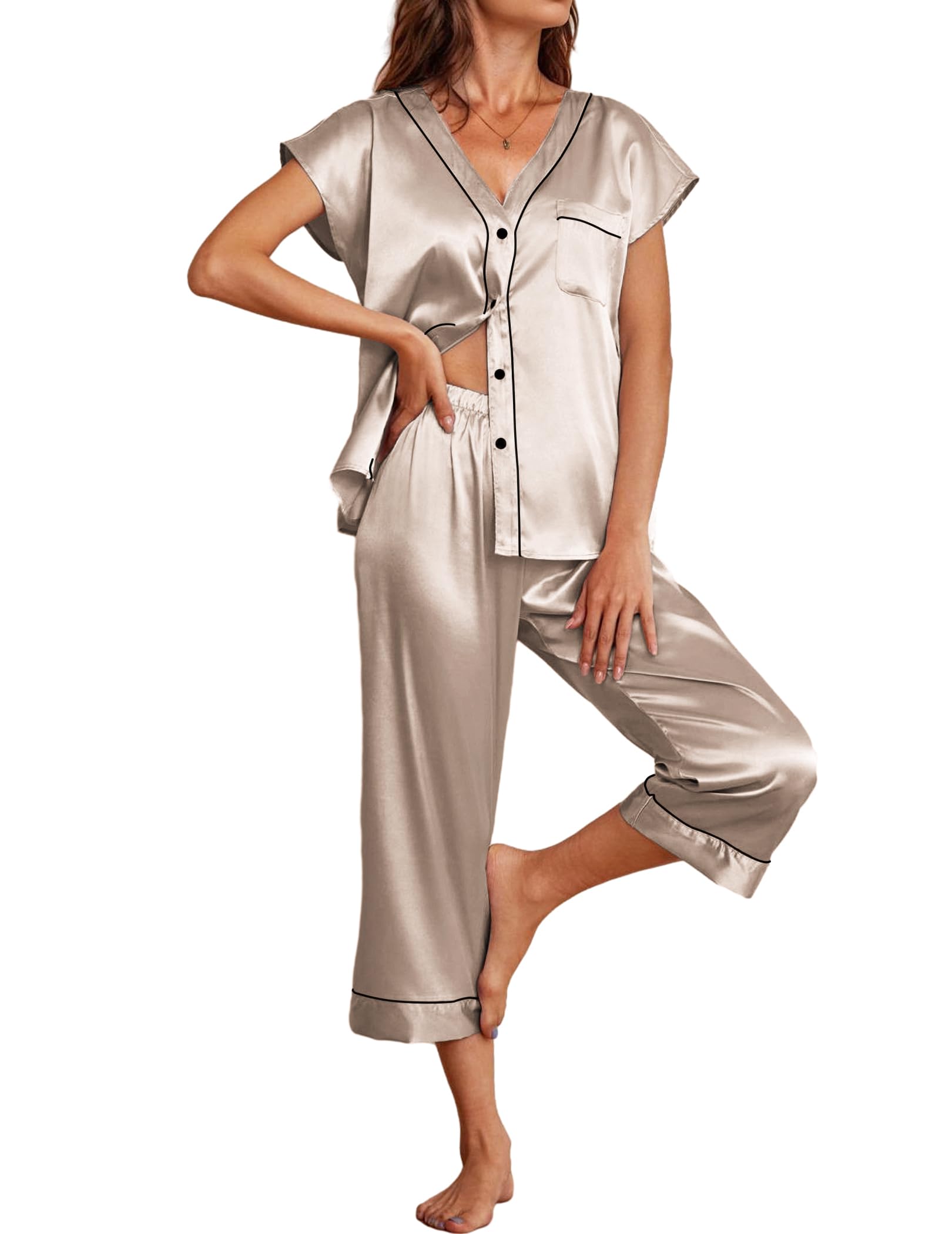 Ekouaer Satin Pajama Set Womens Short Sleeve V Neck Silky Shirt with Capri Pants Button Down PJs Soft Silky Loungewear Champagne L
