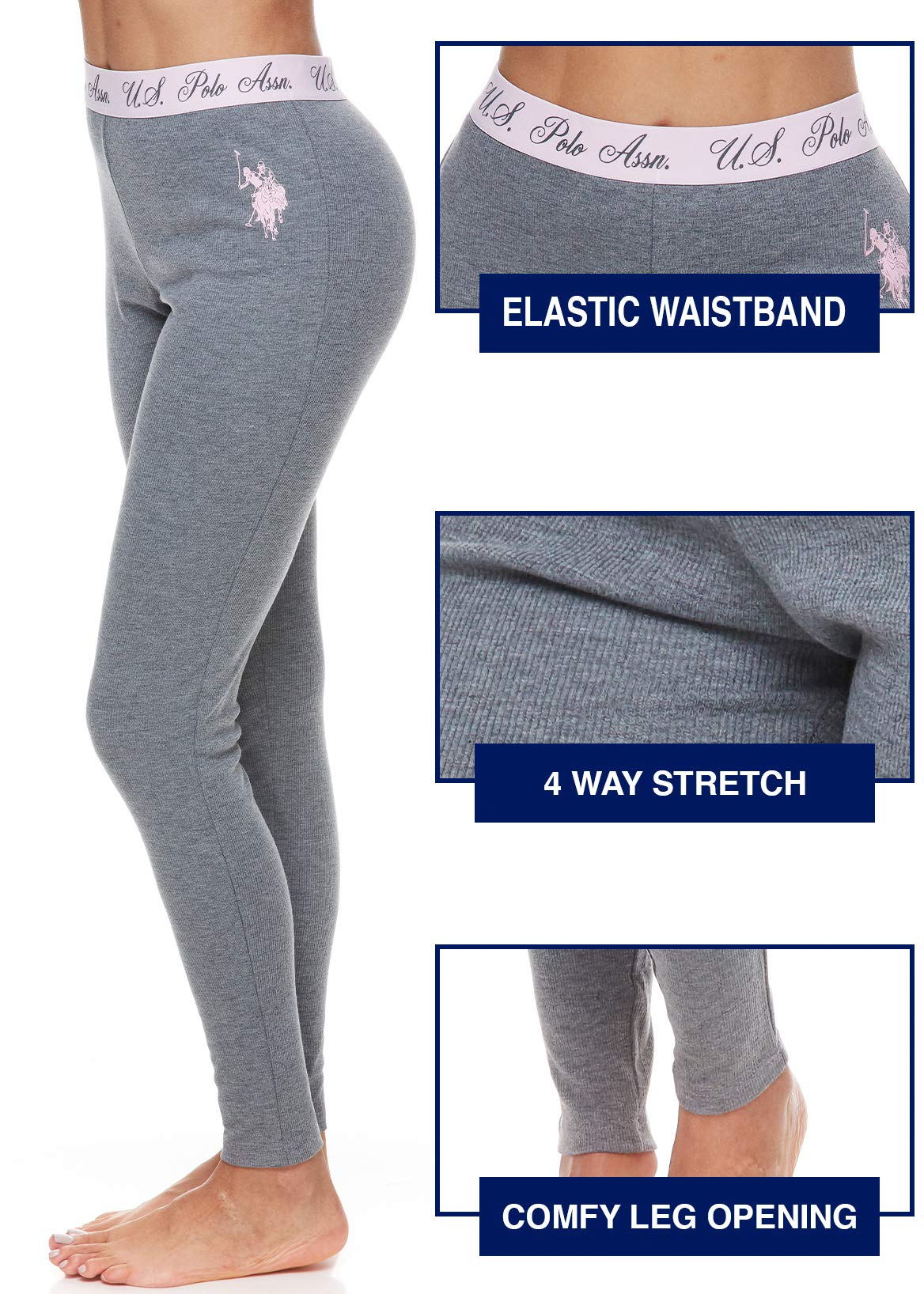 U.S. Polo Assn. Thermal Pajamas for Women Set, Thermals Top and Bottom Set, Womens Thermals (Charcoal Heather Set, Medium)