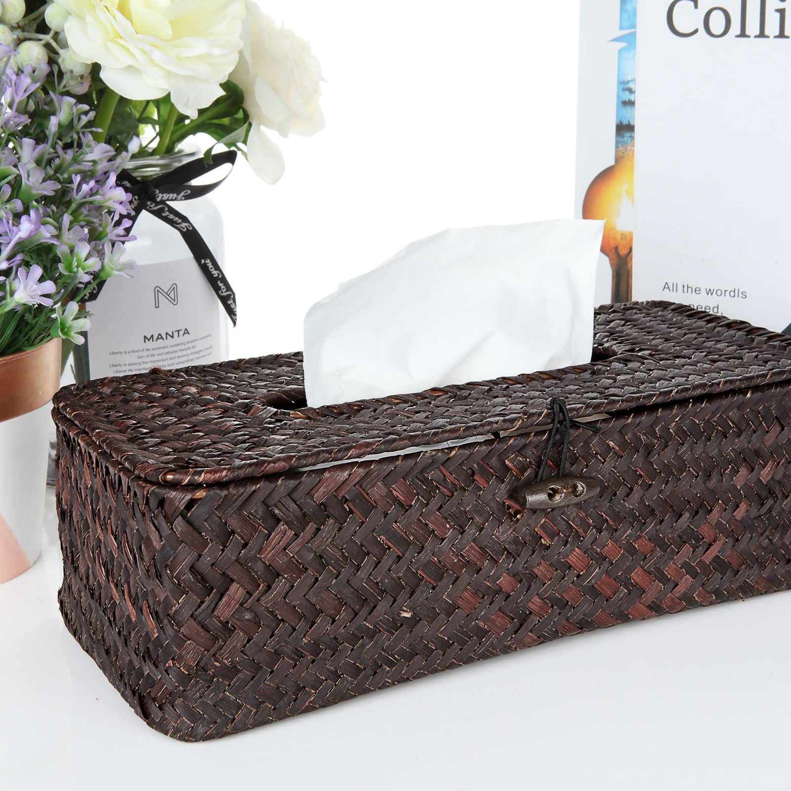 Rectangular Woven Tissue Box Holder Tissue Paper Holder Decorative Napkin Holder for Table Tissue Box Cover Rectangular Pumping Paper case Dispenser for Home Office Car Automotive Decoration