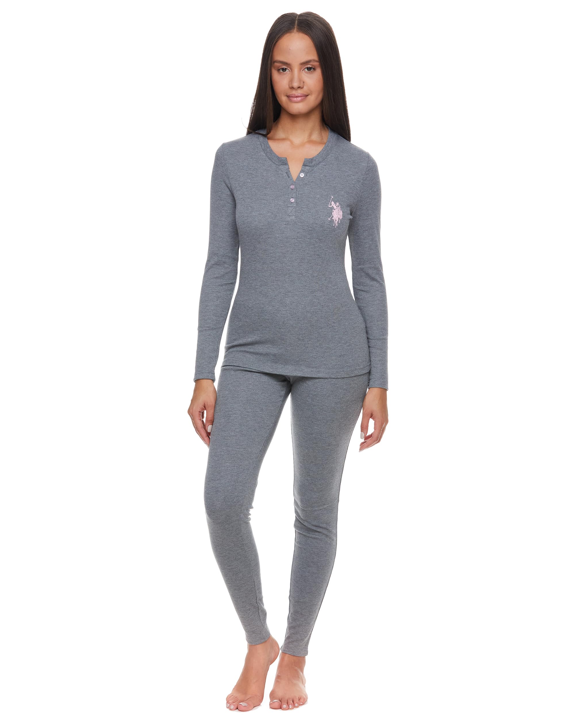 U.S. Polo Assn. Thermal Pajamas for Women Set, Thermals Top and Bottom Set, Womens Thermals (Charcoal Heather Set, Medium)