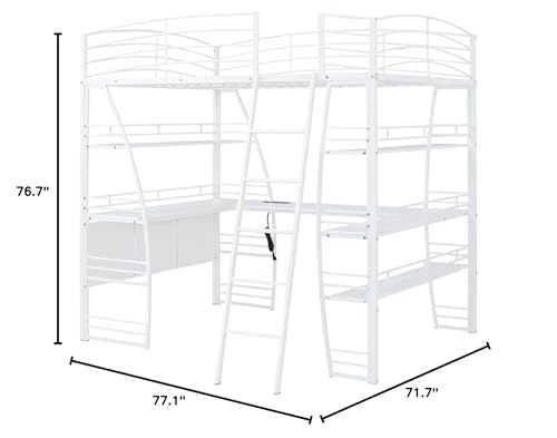 Lifeand Full Size Loft Bed with 4 Layers of Shelves and L-shaped Desk, Stylish Metal Frame Bed with a set of Sockets, USB Ports and and Wireless Charging, White
