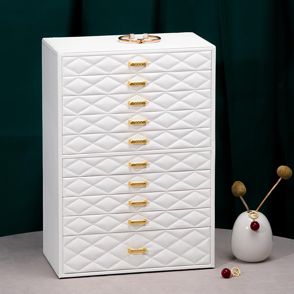 FEIYAN Extra Large Jewelry Box Organizer with 10 Drawers - Premium Faux Leather Storage Case & Velvet Lining | Modern Scandinavian Design for Rings, Necklaces, Earrings