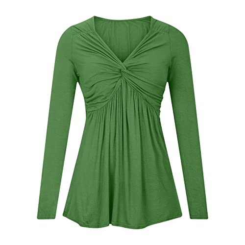 SMIDOW Womens Sexy Twist Front v Neck Tops Trendy Spring Long Sleeve Shirts Solid Casual Loose Comfy Pleated Blouse