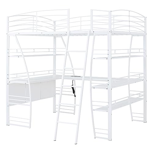 Lifeand Full Size Loft Bed with 4 Layers of Shelves and L-shaped Desk, Stylish Metal Frame Bed with a set of Sockets, USB Ports and and Wireless Charging, White