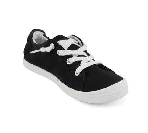 Soda Flat Women Shoes Linen Canvas Slip On Sneakers Lace Up Style Loafers Zig-S (7.5) Black/White