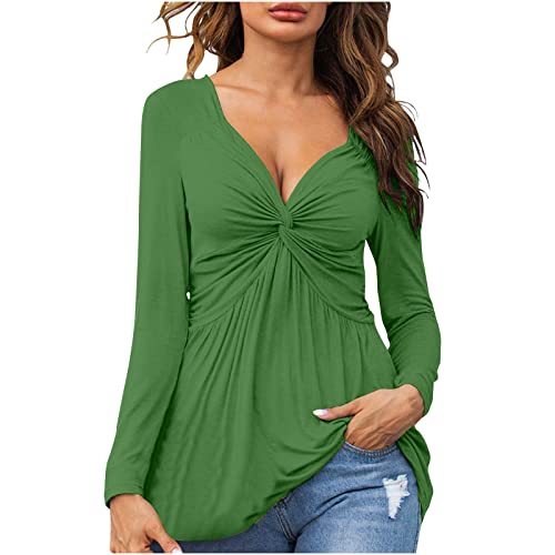 SMIDOW Womens Sexy Twist Front v Neck Tops Trendy Spring Long Sleeve Shirts Solid Casual Loose Comfy Pleated Blouse