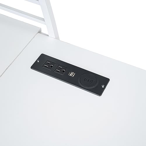 Lifeand Full Size Loft Bed with 4 Layers of Shelves and L-shaped Desk, Stylish Metal Frame Bed with a set of Sockets, USB Ports and and Wireless Charging, White