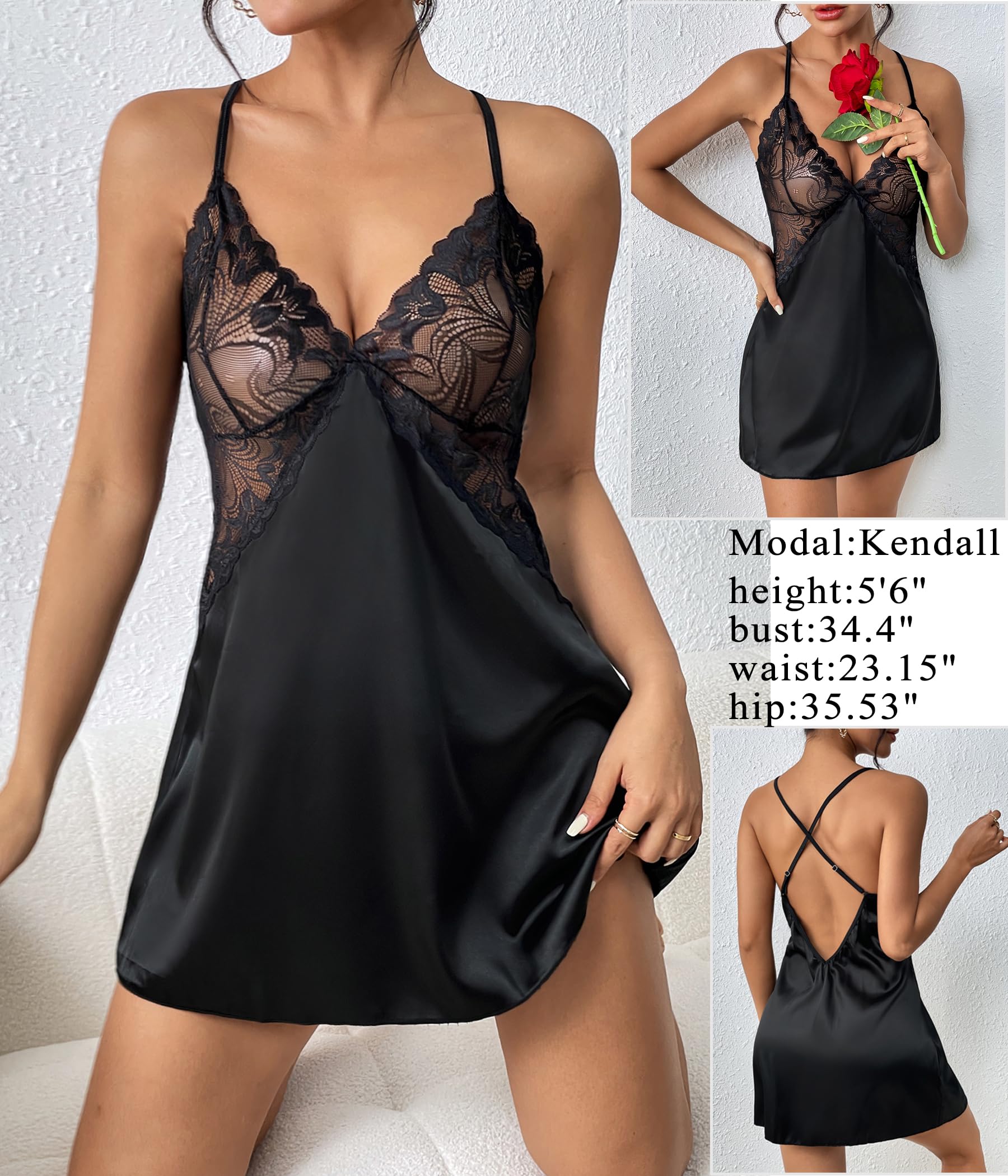 Avidlove Women Lingerie V Neck Nightwear Satin Sleepwear Lace Chemise Mini Teddy Black, Medium