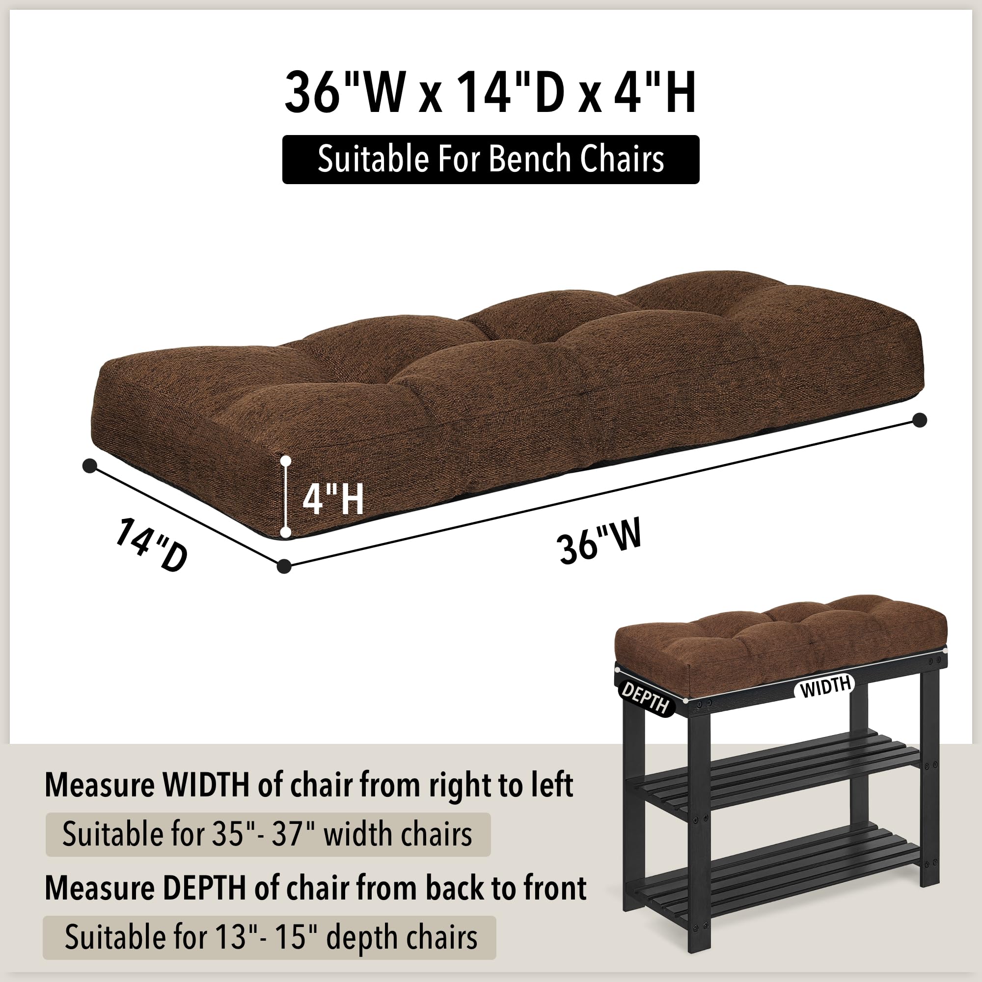 Tromlycs Bench Cushion for Indoor Furniture Window Seat Cushion Pillow Pad Dining Kitchen Tufted Entryway Non Slip 36 inch, Brown