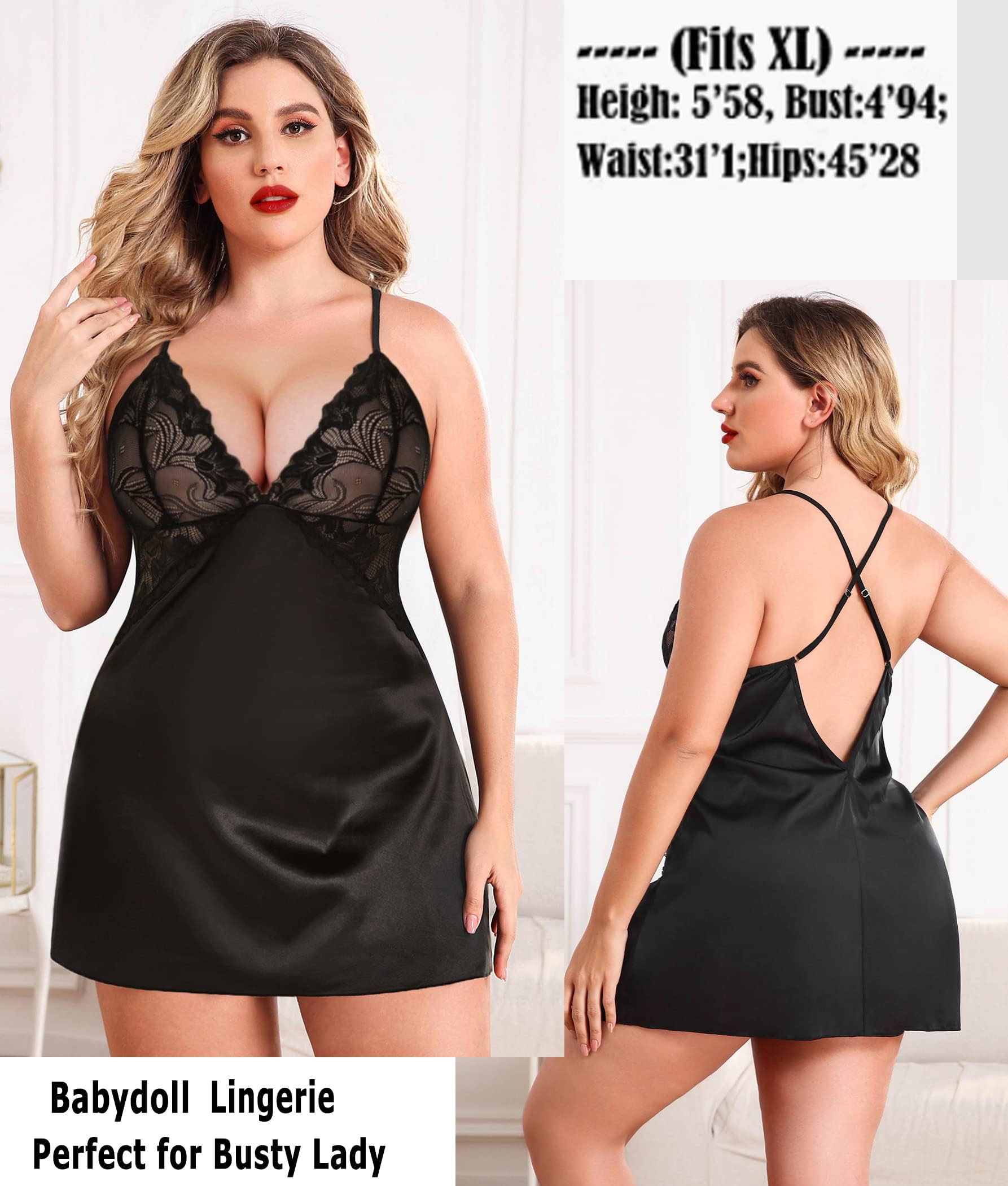 Avidlove Women Lingerie V Neck Nightwear Satin Sleepwear Lace Chemise Mini Teddy Black, Medium