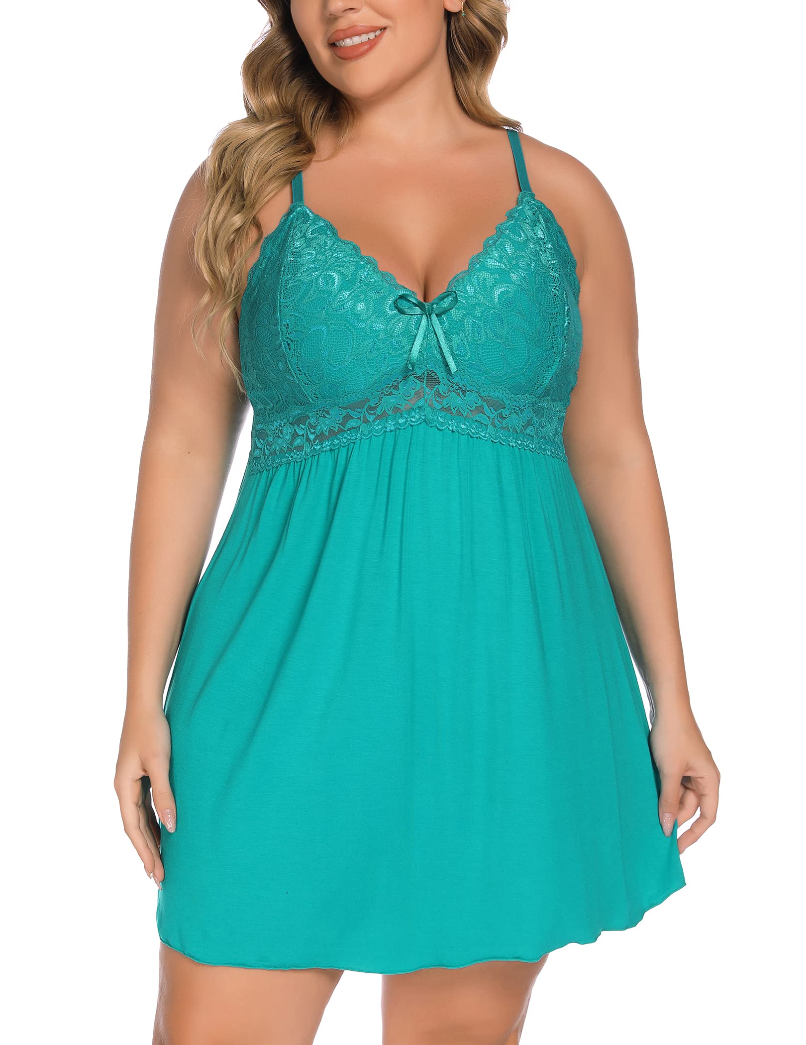 Ababoon Plus Size Lingerie for Women Lace Modal Chemises Nightgown V-Neck Full Slip Babydoll Sleepwear Size L-4XL (Turquoise,Large)