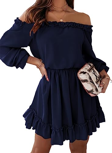 Dokotoo Women's Casual Dresses Ruffle Off The Shoulder Long Sleeve Dress for Women Elegant Solid Color Elastic Waist Party Short Dress A-Line Sexy Spring 2024 Country Concert Outfits Blue Small