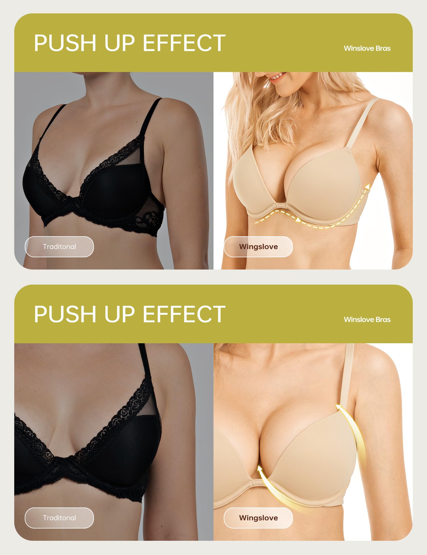 Wingslove Women's Push Up Bra Deep V Plunge Underwire T-Shirt Bra Multiway 2 Cups Up（Nude,32D