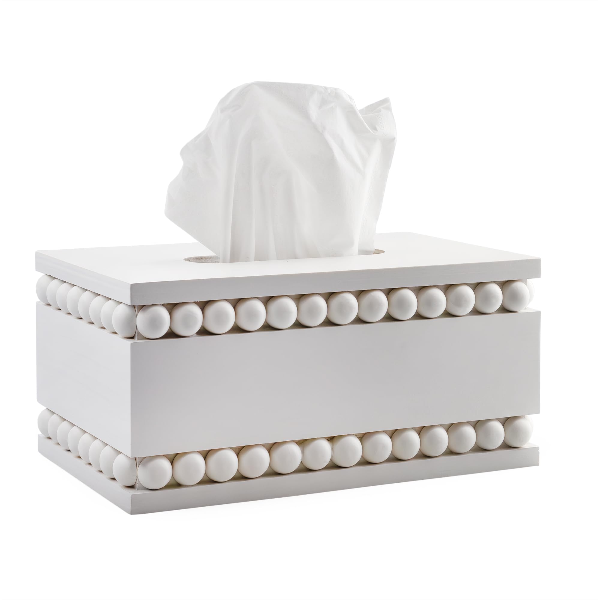 AuldHome Design Beaded Rectangular Tissue Box Cover (White); Rustic Farmhouse Wood Oblong Tissue Holder