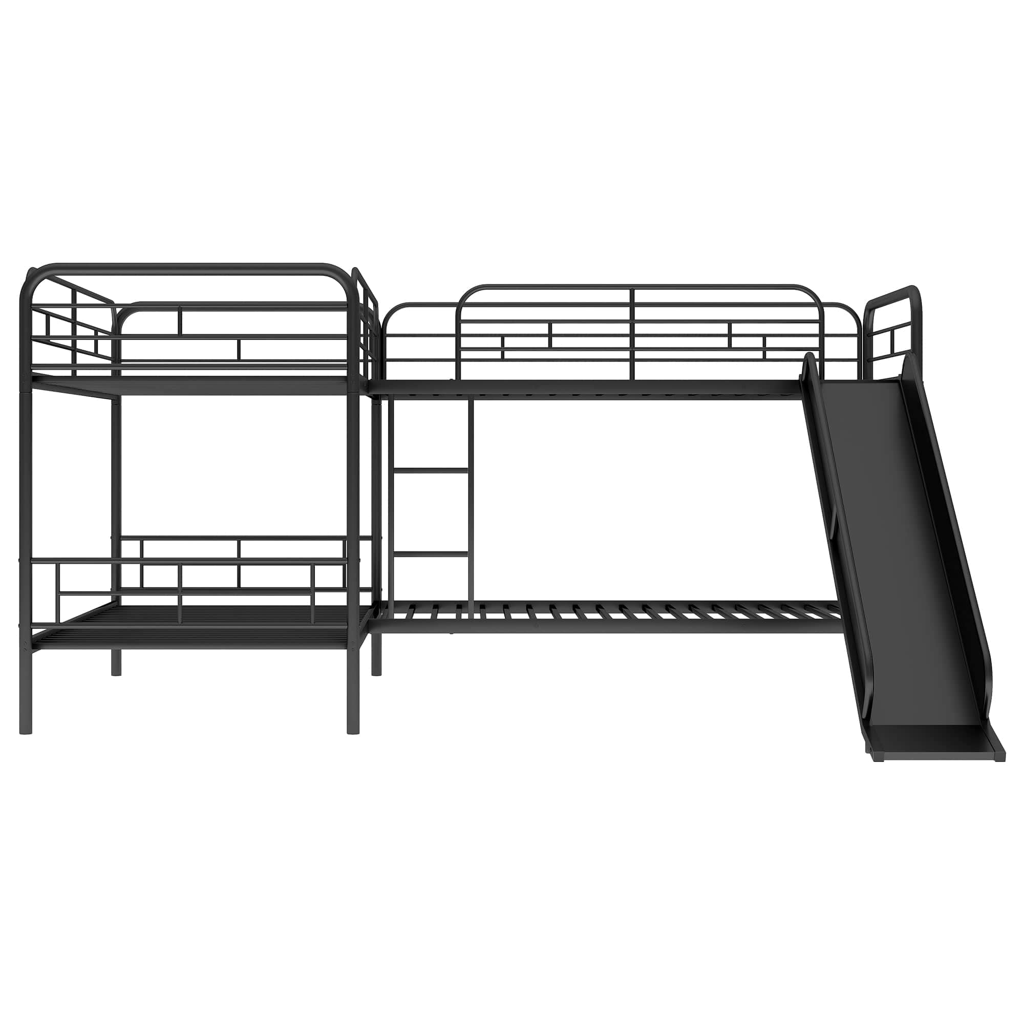 Twin Size L-Shaped Bunk Bed with Slide for 4, Metal Twin Bunk Bed Frame with Ladder, Bedroom Living Room