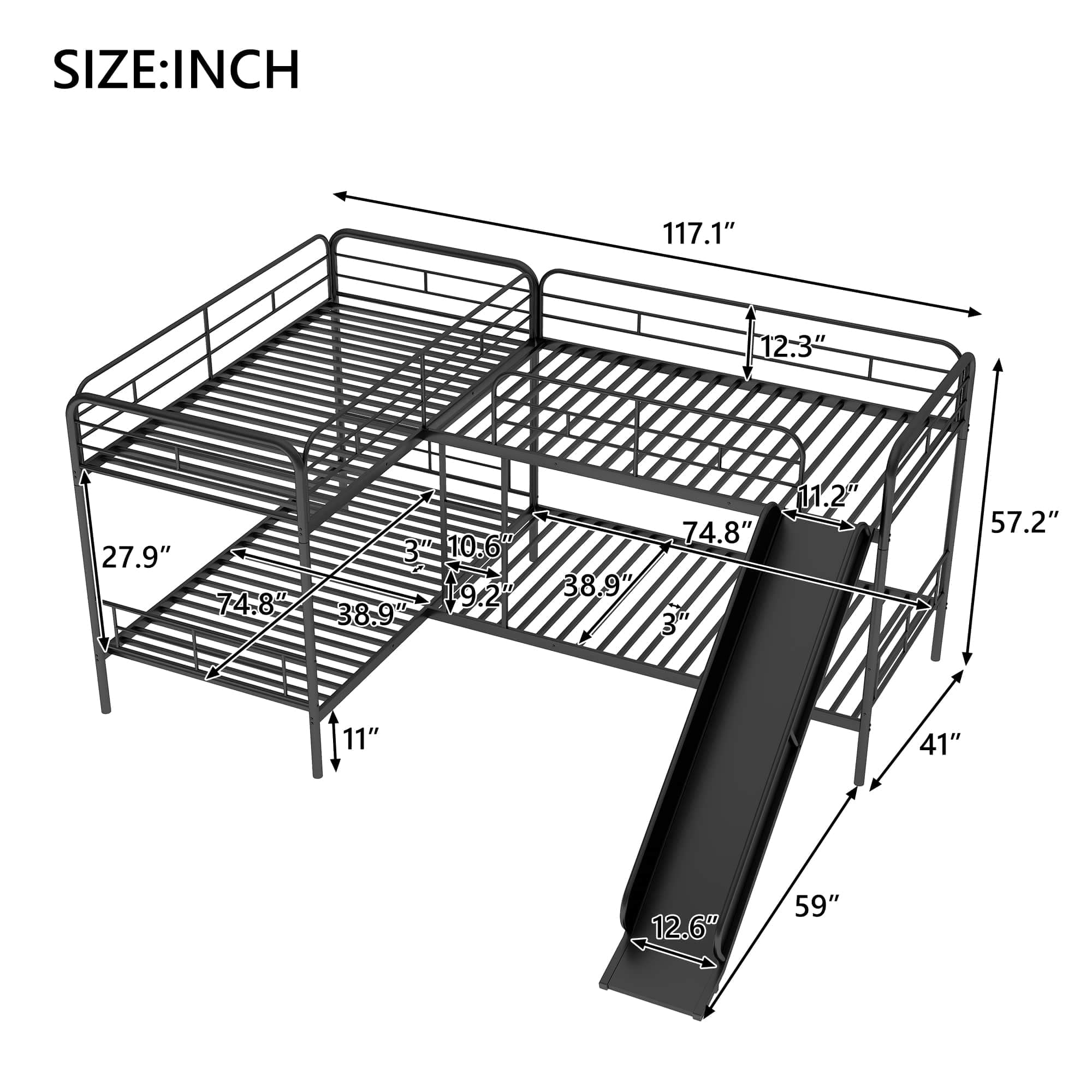 Twin Size L-Shaped Bunk Bed with Slide for 4, Metal Twin Bunk Bed Frame with Ladder, Bedroom Living Room