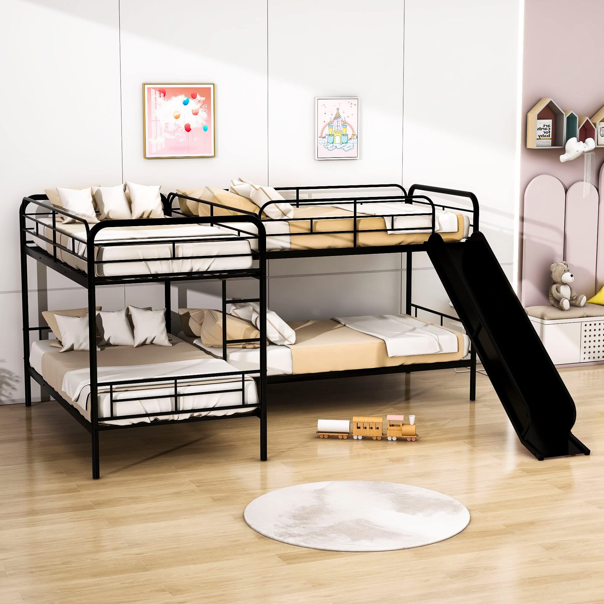 Twin Size L-Shaped Bunk Bed with Slide for 4, Metal Twin Bunk Bed Frame with Ladder, Bedroom Living Room