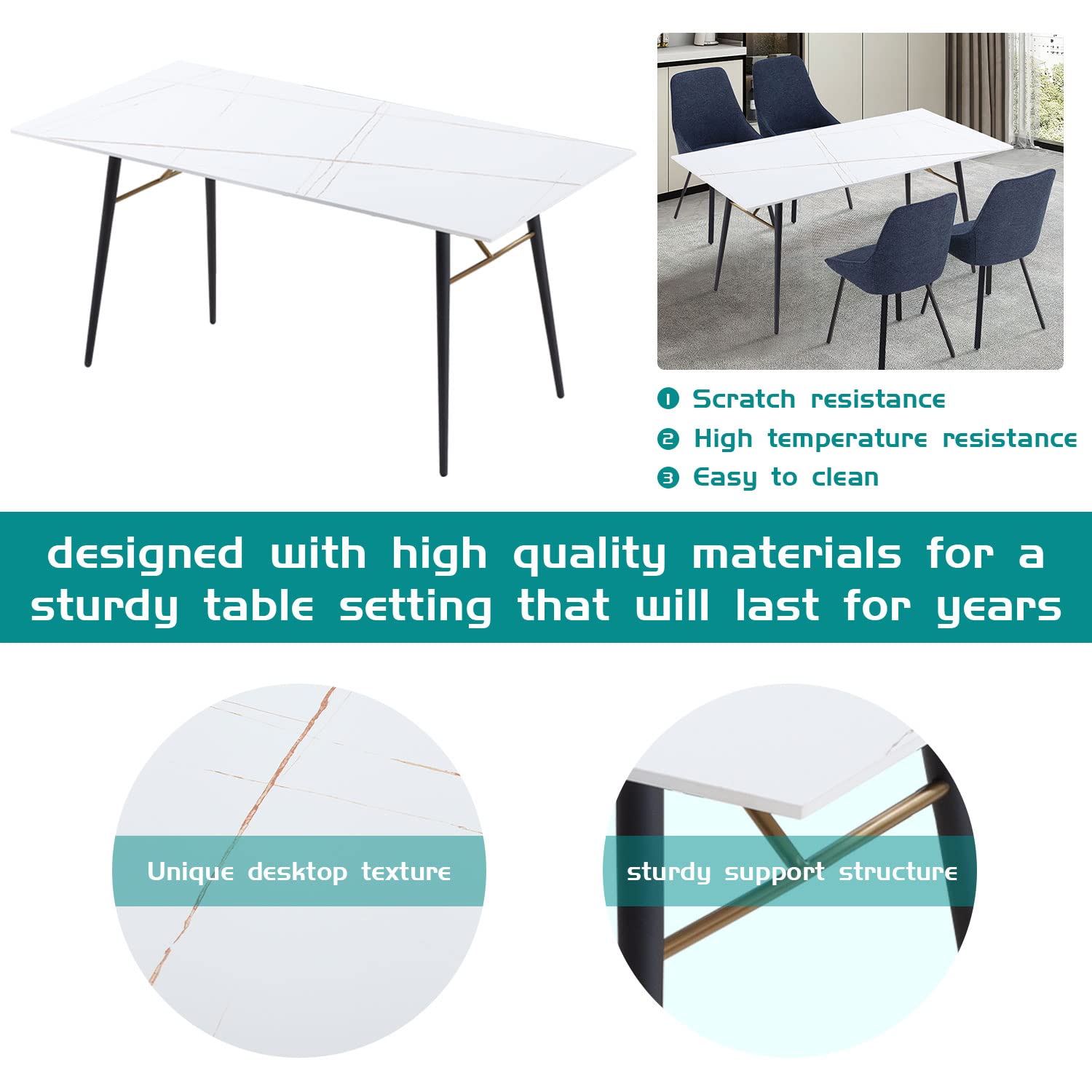 kevinplus 70'' Dining Table, Slate Kitchen Dining Table with Sintered Stone Top Surface, Modern Mid-Century Rectangular Conference Table for Office, Living Room Dinner Table, Metal Legs, White & Gold