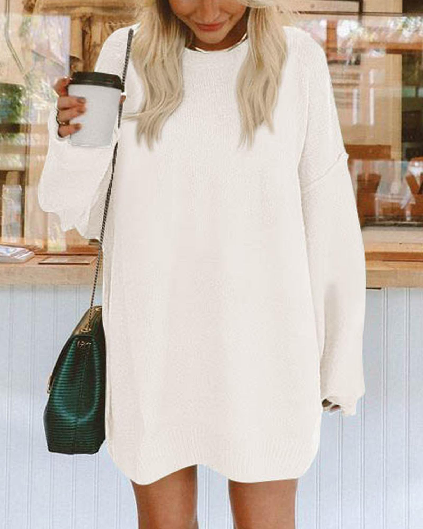 BTFBM 2025 Womens Sweaters Casual Crewneck Long Sleeve Oversized Sweater Dress Fall Winter Loose Slouchy Soft Pullover(Solid White, X-Large)