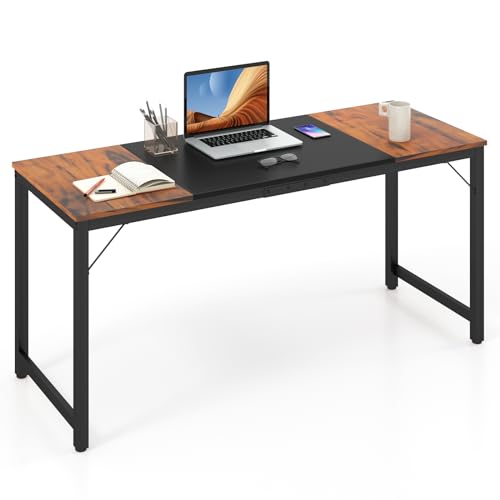 Tangkula 63” x 24” Conference Table, Meeting Table with Metal Frame & Adjustable Foot Pads, Seminar Boardroom Table, Training Table for Office, Black & Rustic Brown