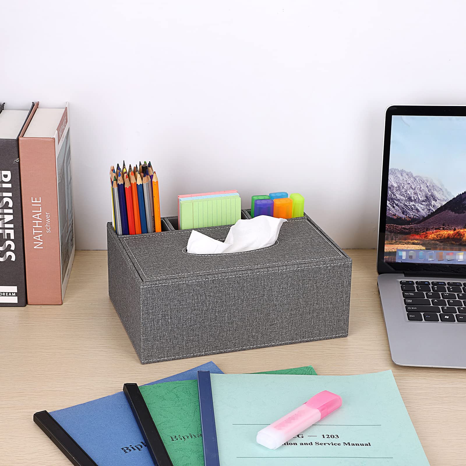 Sumnacon Linen Rectangular Tissue Box Cover - Multifunctional Tissue Box Holder with Remote Control Box, Decorative Tissue Box Remote Organizer for Home Office Car Restaurant, Grey