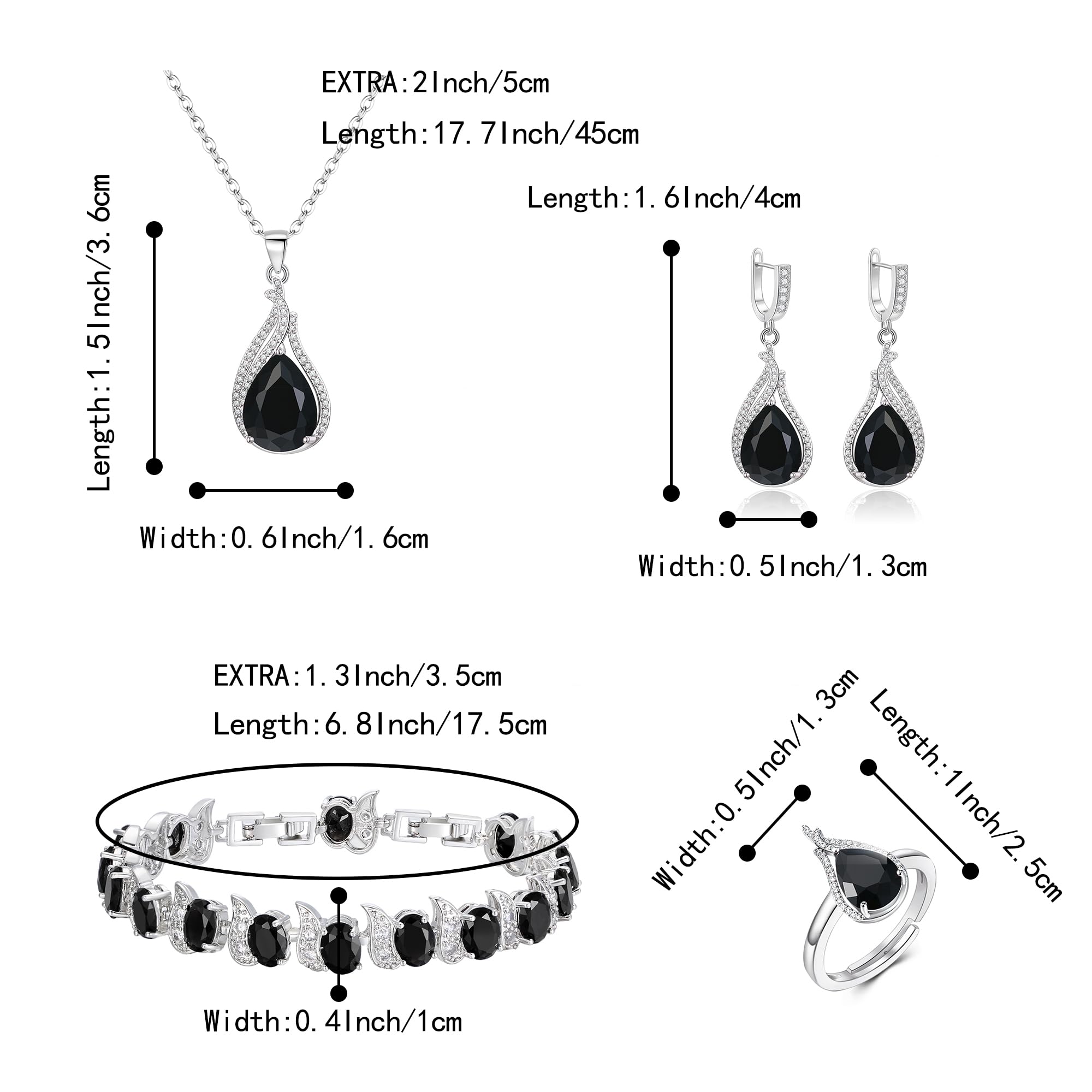 BriLove Sparkling Teardrop Cubic Zirconia Pendant Necklace Dangle Earrings Tennis Bracelet Adjustable Ring Set Gift for Wedding/Anniversary/Birthday/Christmas Black Silver-Tone