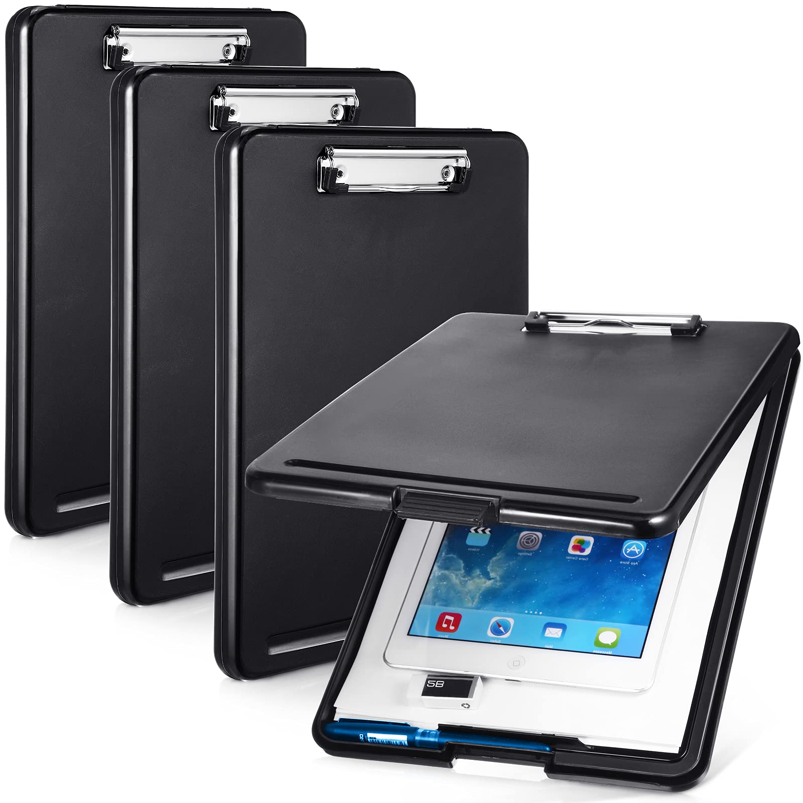 4 Pieces Clipboard with Storage Plastic Storage Clipboard Nursing Clipboard Foldable Clip Board with Low Profile Clip for Student Teacher Nurse Employee, Letter Size 9.5 x 13.5 Inch
