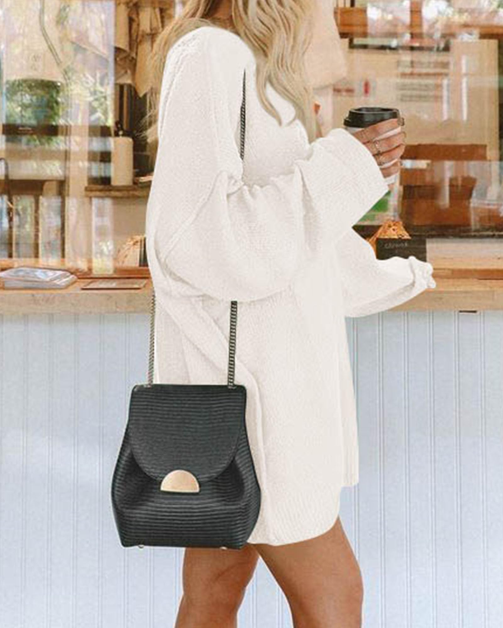 BTFBM 2025 Womens Sweaters Casual Crewneck Long Sleeve Oversized Sweater Dress Fall Winter Loose Slouchy Soft Pullover(Solid White, X-Large)