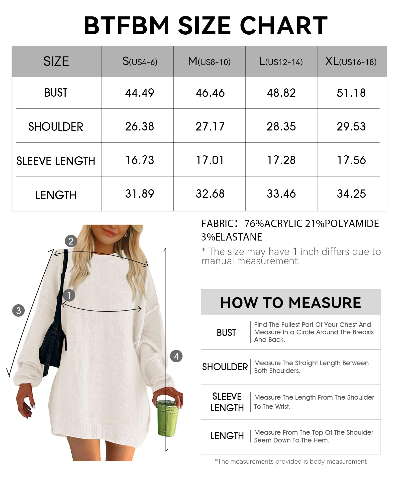 BTFBM 2025 Womens Sweaters Casual Crewneck Long Sleeve Oversized Sweater Dress Fall Winter Loose Slouchy Soft Pullover(Solid White, X-Large)