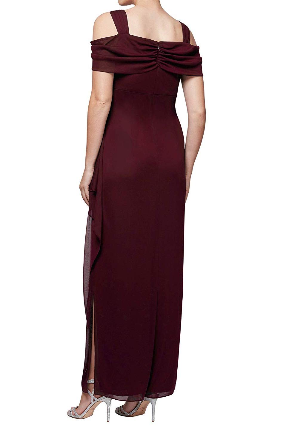 Alex Evenings Women's Long Cold Shoulder Dress, Mother of The Bride, Formal Events (Petite and Regular Sizes), Beaded Wine, 8