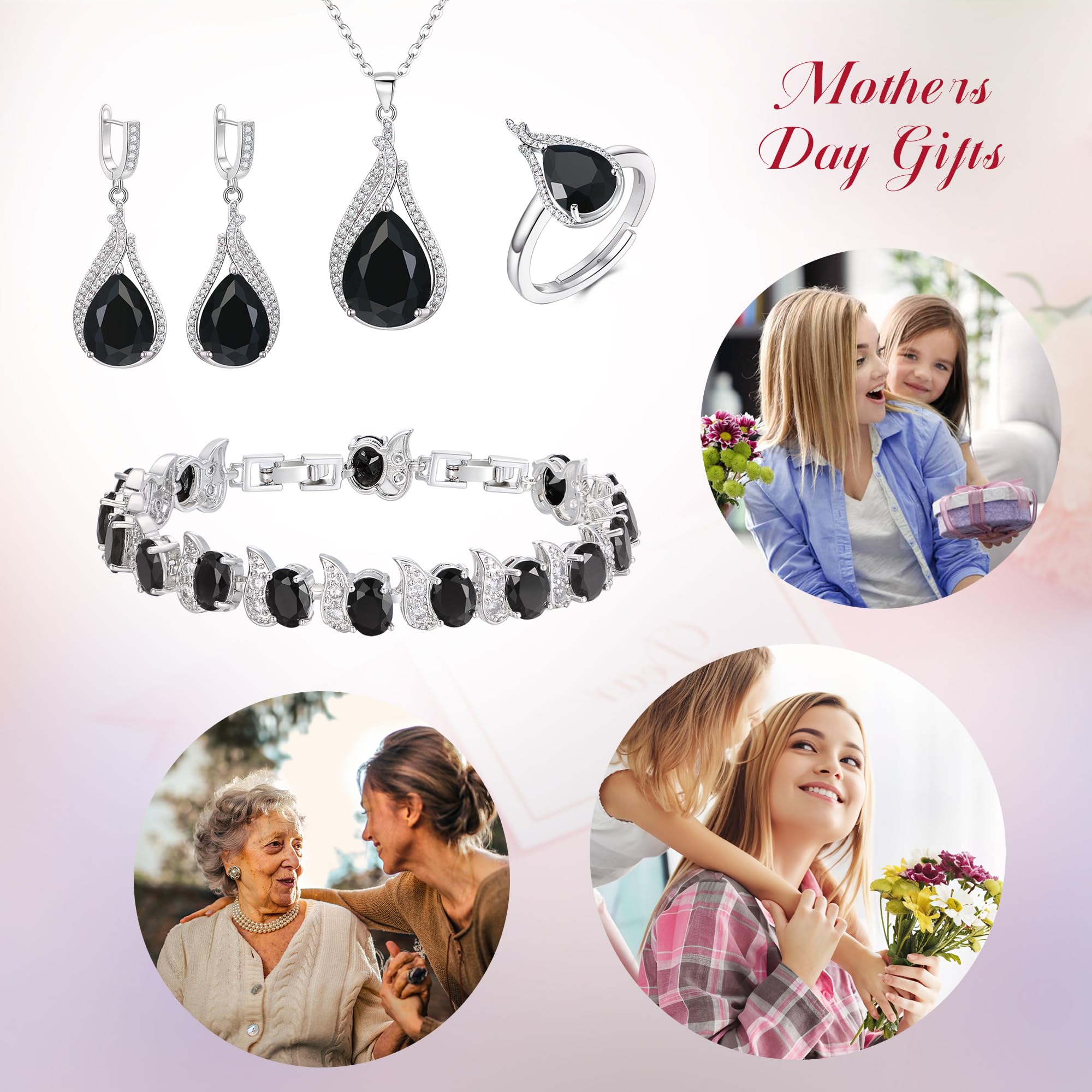 BriLove Sparkling Teardrop Cubic Zirconia Pendant Necklace Dangle Earrings Tennis Bracelet Adjustable Ring Set Gift for Wedding/Anniversary/Birthday/Christmas Black Silver-Tone