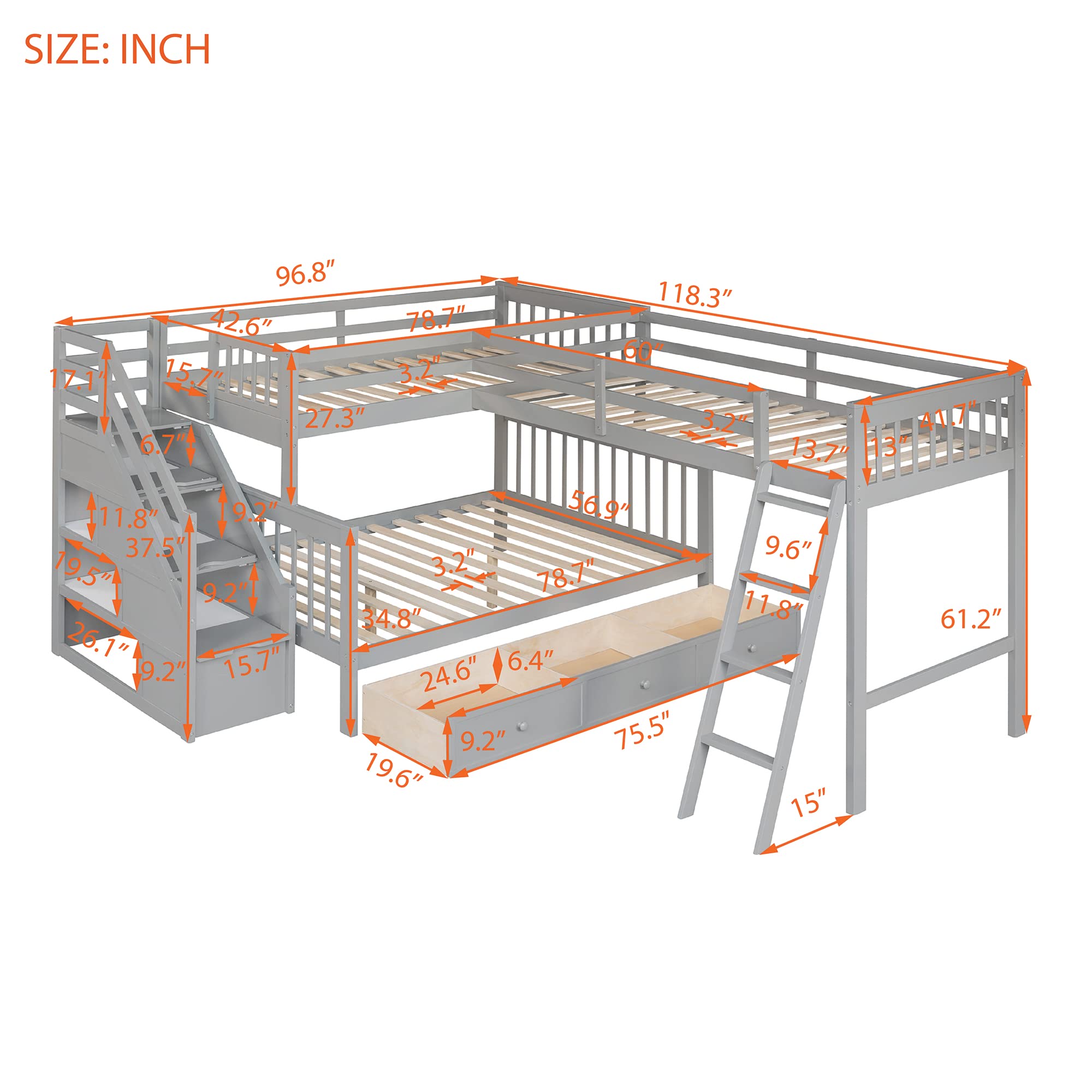Harper & Bright Designs L Shaped Bunk Bed with Stairs and Storage, Twin Over Full Size Triple Bunk Bed for 3, Wood Corner Beds for Kids, Teens, Adults. No Box Spring Needed (Gray)