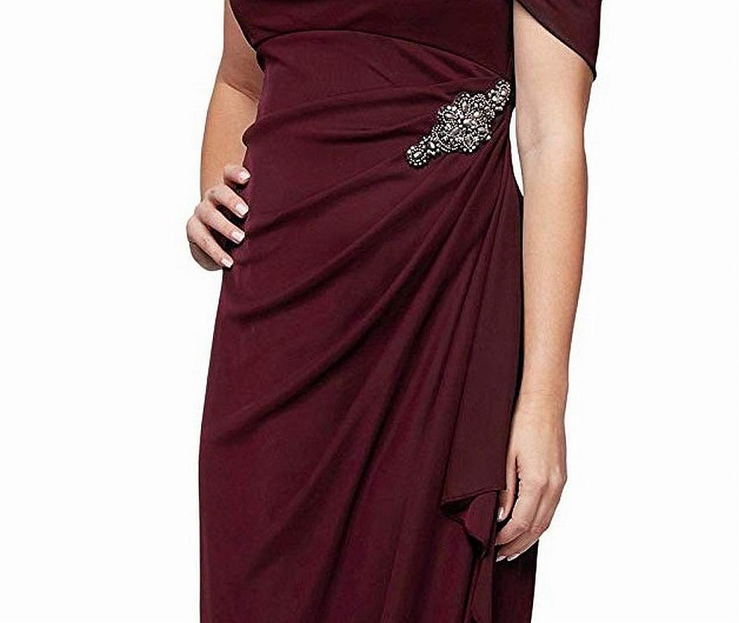 Alex Evenings Women's Long Cold Shoulder Dress, Mother of The Bride, Formal Events (Petite and Regular Sizes), Beaded Wine, 8
