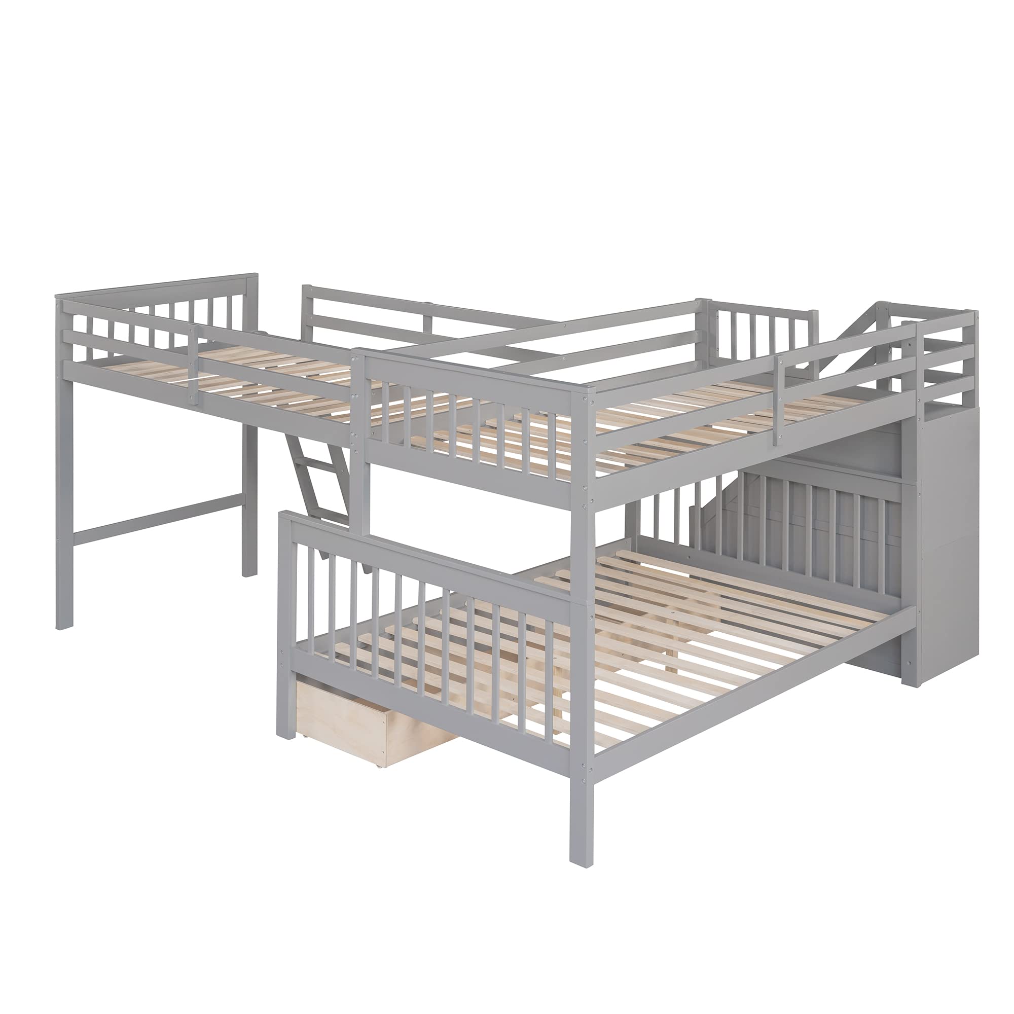 Harper & Bright Designs L Shaped Bunk Bed with Stairs and Storage, Twin Over Full Size Triple Bunk Bed for 3, Wood Corner Beds for Kids, Teens, Adults. No Box Spring Needed (Gray)