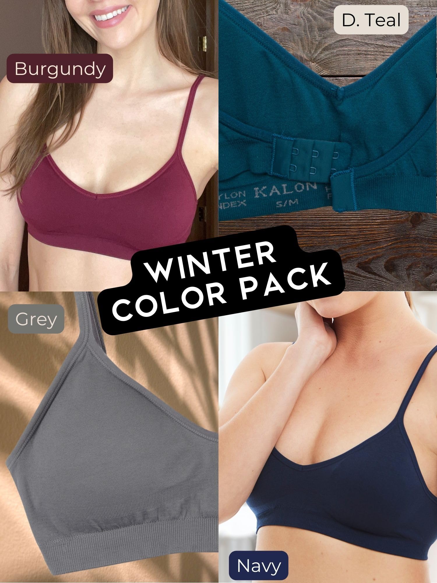 Kalon Women’s 4 Pack Demi Padded Bralette Wireless Comfortable Bra (M/L, Winter)