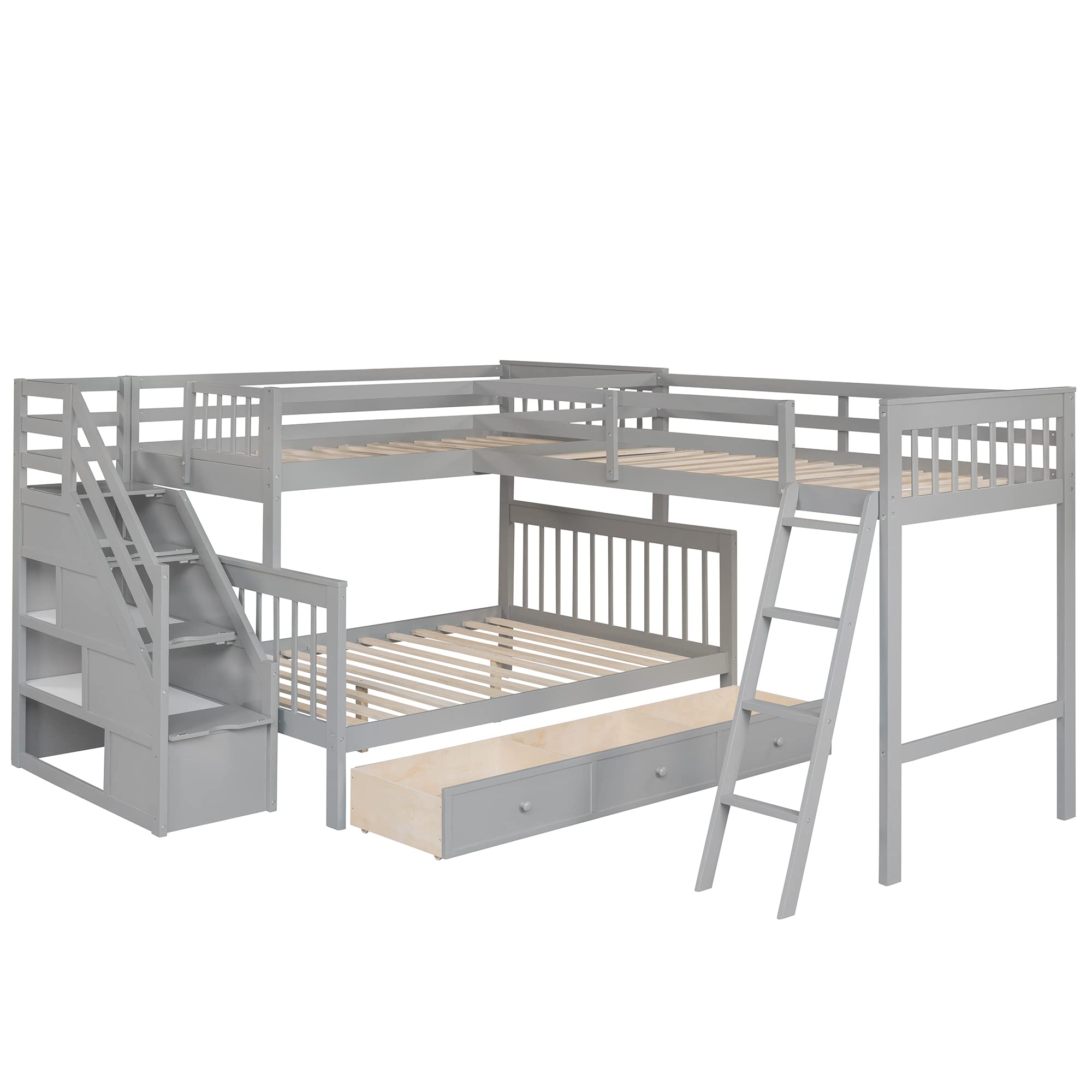 Harper & Bright Designs L Shaped Bunk Bed with Stairs and Storage, Twin Over Full Size Triple Bunk Bed for 3, Wood Corner Beds for Kids, Teens, Adults. No Box Spring Needed (Gray)