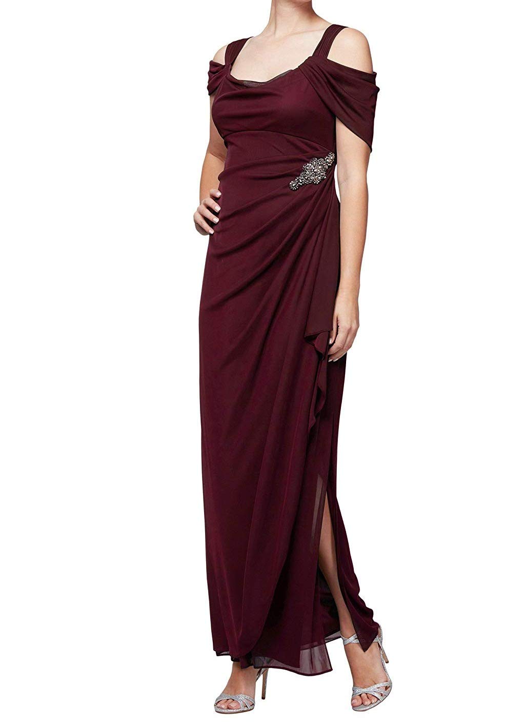 Alex Evenings Women's Long Cold Shoulder Dress, Mother of The Bride, Formal Events (Petite and Regular Sizes), Beaded Wine, 8