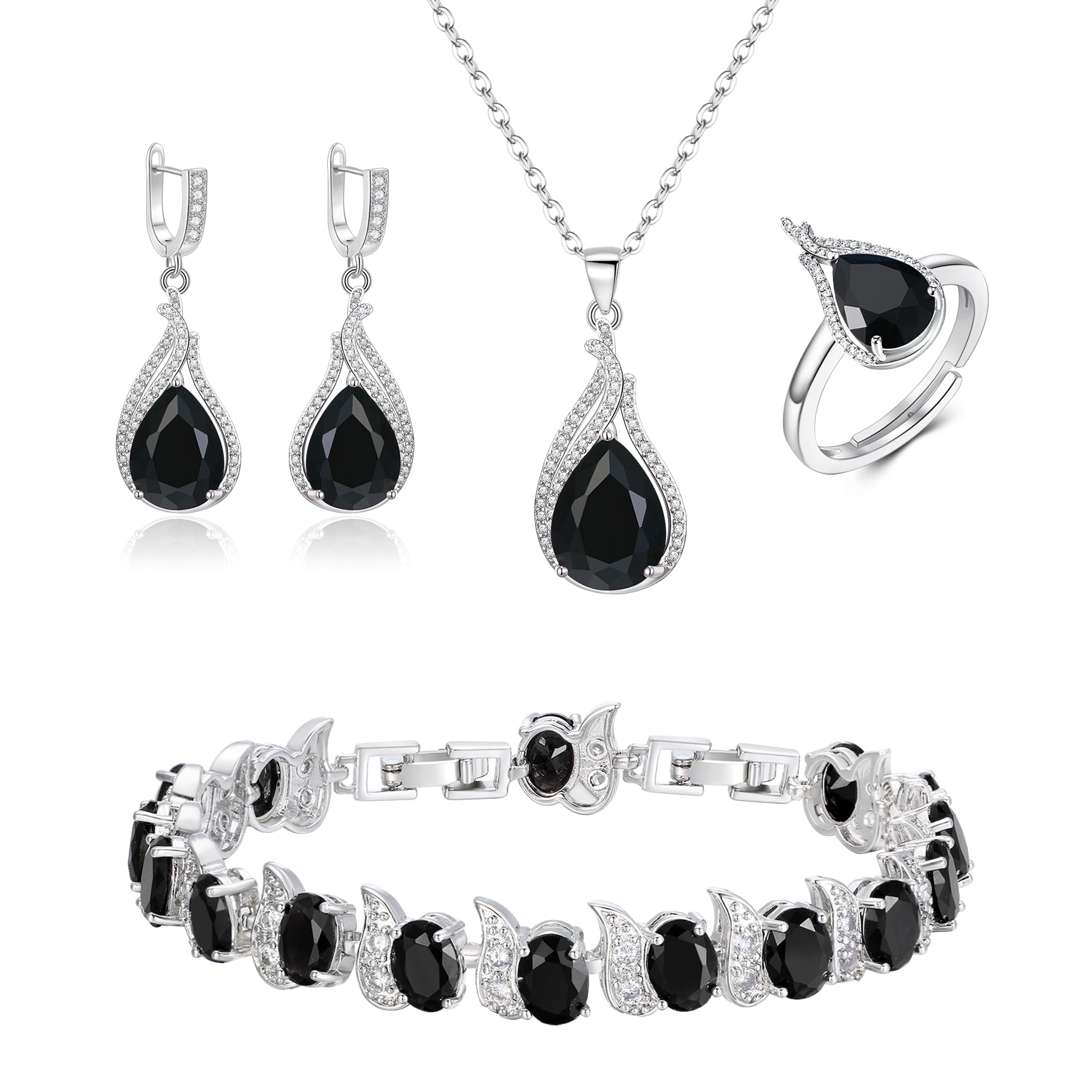 BriLove Sparkling Teardrop Cubic Zirconia Pendant Necklace Dangle Earrings Tennis Bracelet Adjustable Ring Set Gift for Wedding/Anniversary/Birthday/Christmas Black Silver-Tone