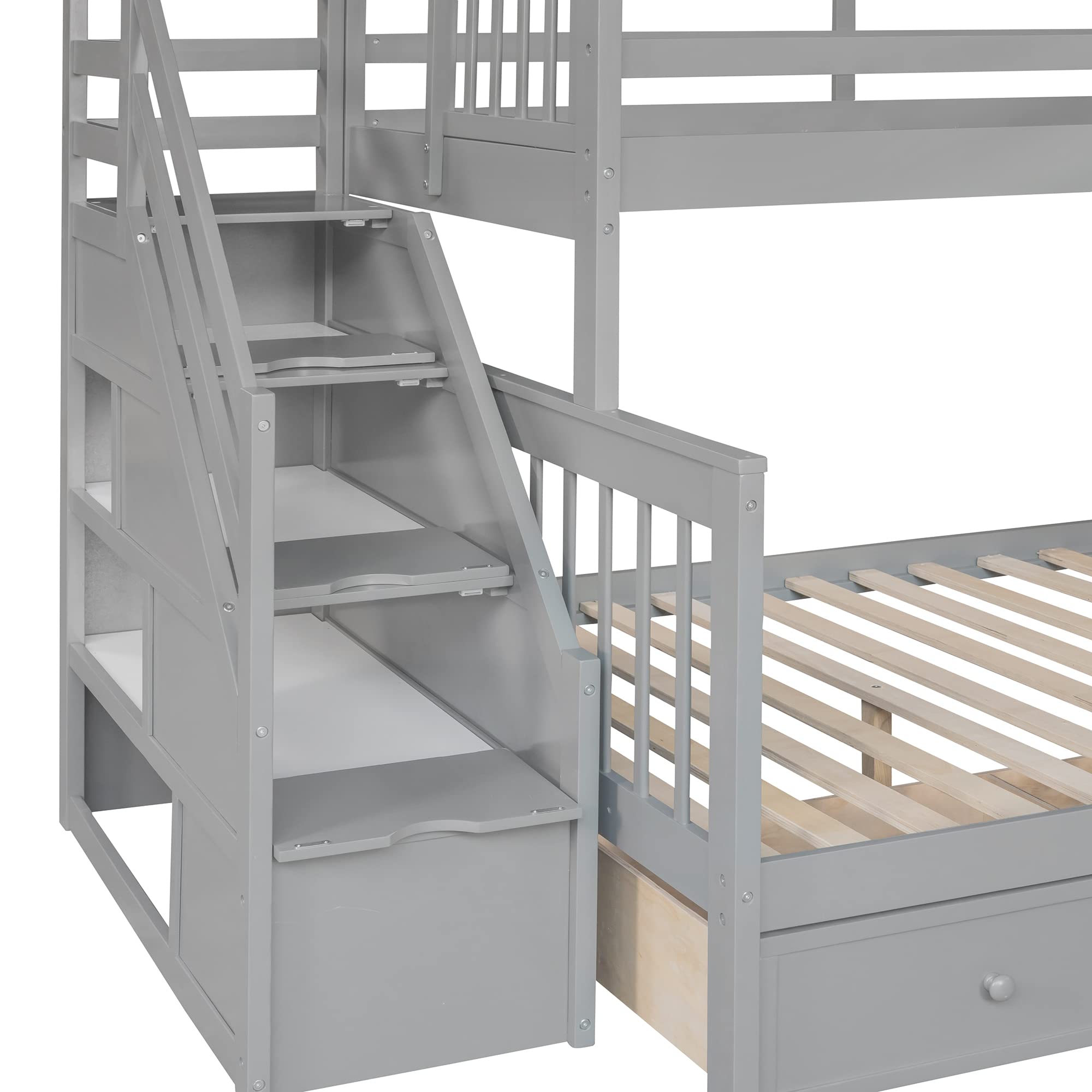 Harper & Bright Designs L Shaped Bunk Bed with Stairs and Storage, Twin Over Full Size Triple Bunk Bed for 3, Wood Corner Beds for Kids, Teens, Adults. No Box Spring Needed (Gray)