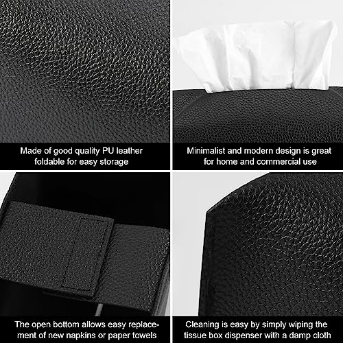 Large Tissue Box Cover, 2Pcs PU Leather Rectangle Tissue Organizer, Modern Tissue Holder for Bathroom/Car/Office/Night Stands Decor (Black)